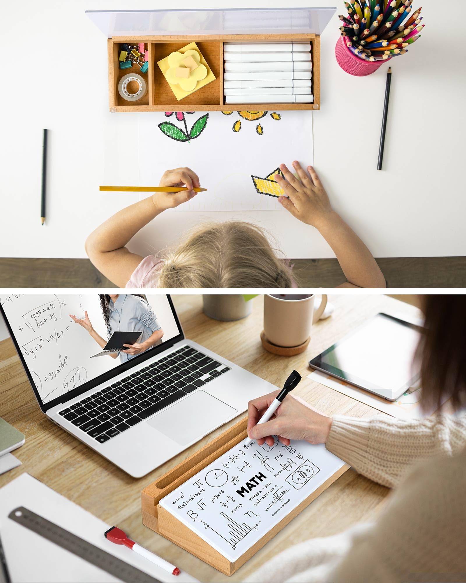 BS-VOG Desk Whiteboard, Glass Desktop Dry Erase Board with Wooden Storage Box, Computer Keyboard Stand with Drawer for Home Office Accessories Supplies Organizer, 2 Markers with Eraser Included