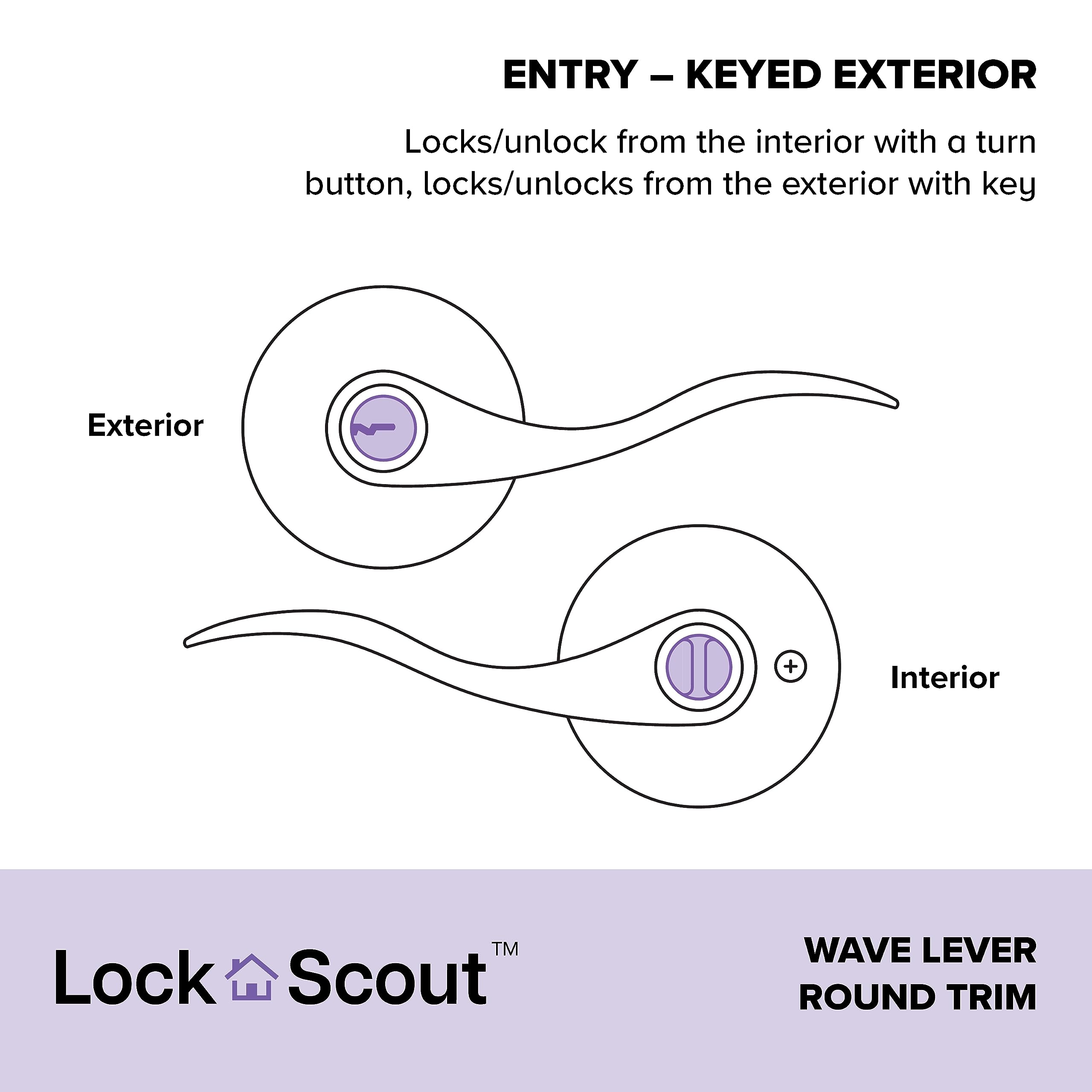 Lock Scout Wave Lever with Round Trim Keyed Entry Door Handle, Satin Nickel Finish