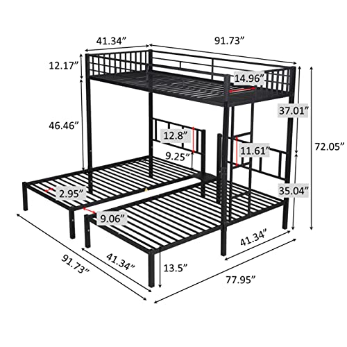 Tmosi Triple Bunk Beds, 3 Twin Bunk Beds for Kids Teens Boys Grils,Metal Heavy Duty Bunk Bed with Guardrail Ladder,Convert into 3 Twin Beds (Black)