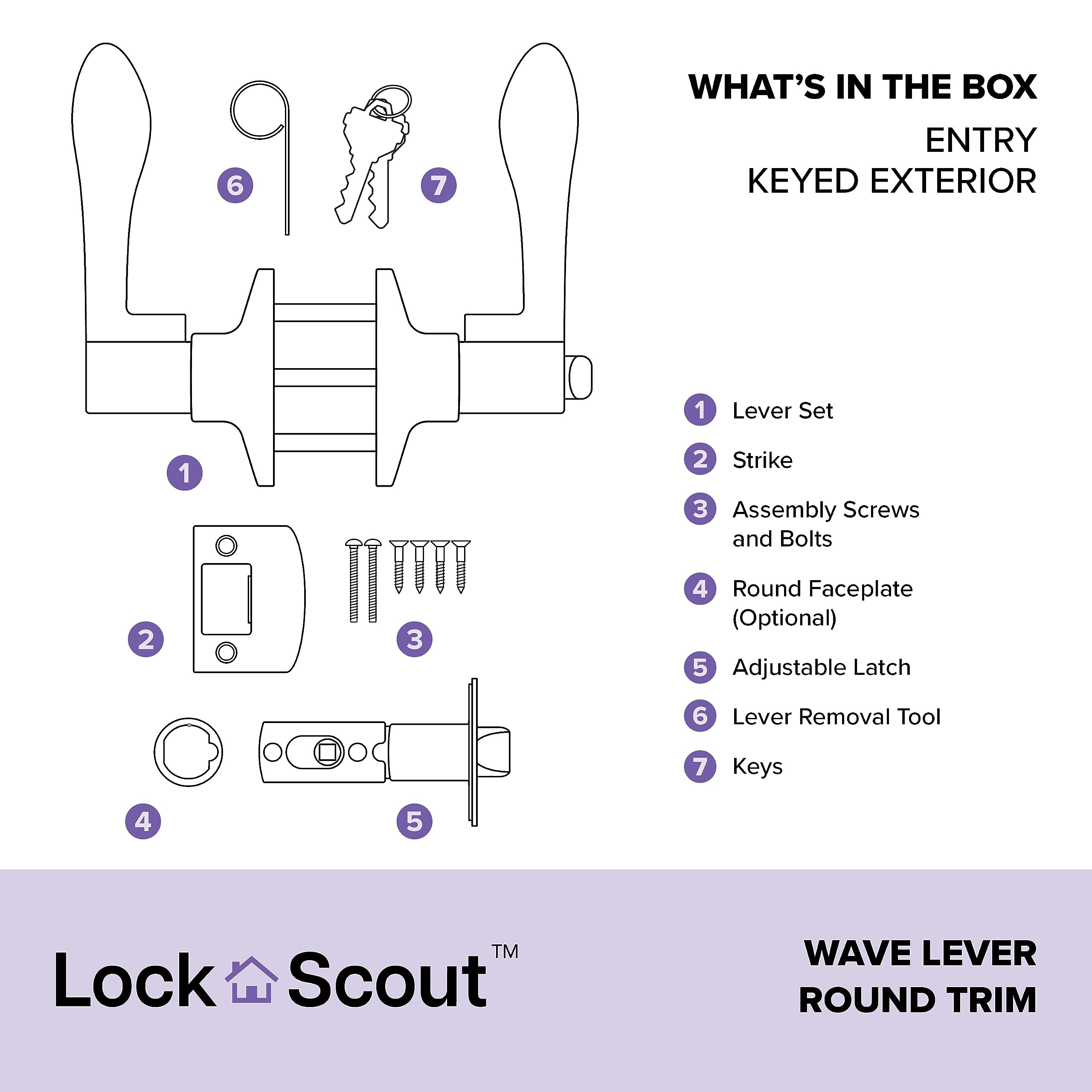 Lock Scout Wave Lever with Round Trim Keyed Entry Door Handle, Satin Nickel Finish