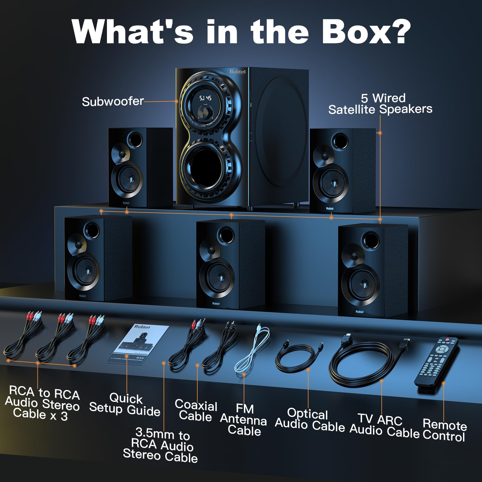 Bobtot Surround Sound Systems 1400 Watts Peak Power Home Theater Speakers - 12" Subwoofer Strong Bass 5.1 Wired Loud Stereo Audio System with Bluetooth HDMI ARC Optical Input for TV