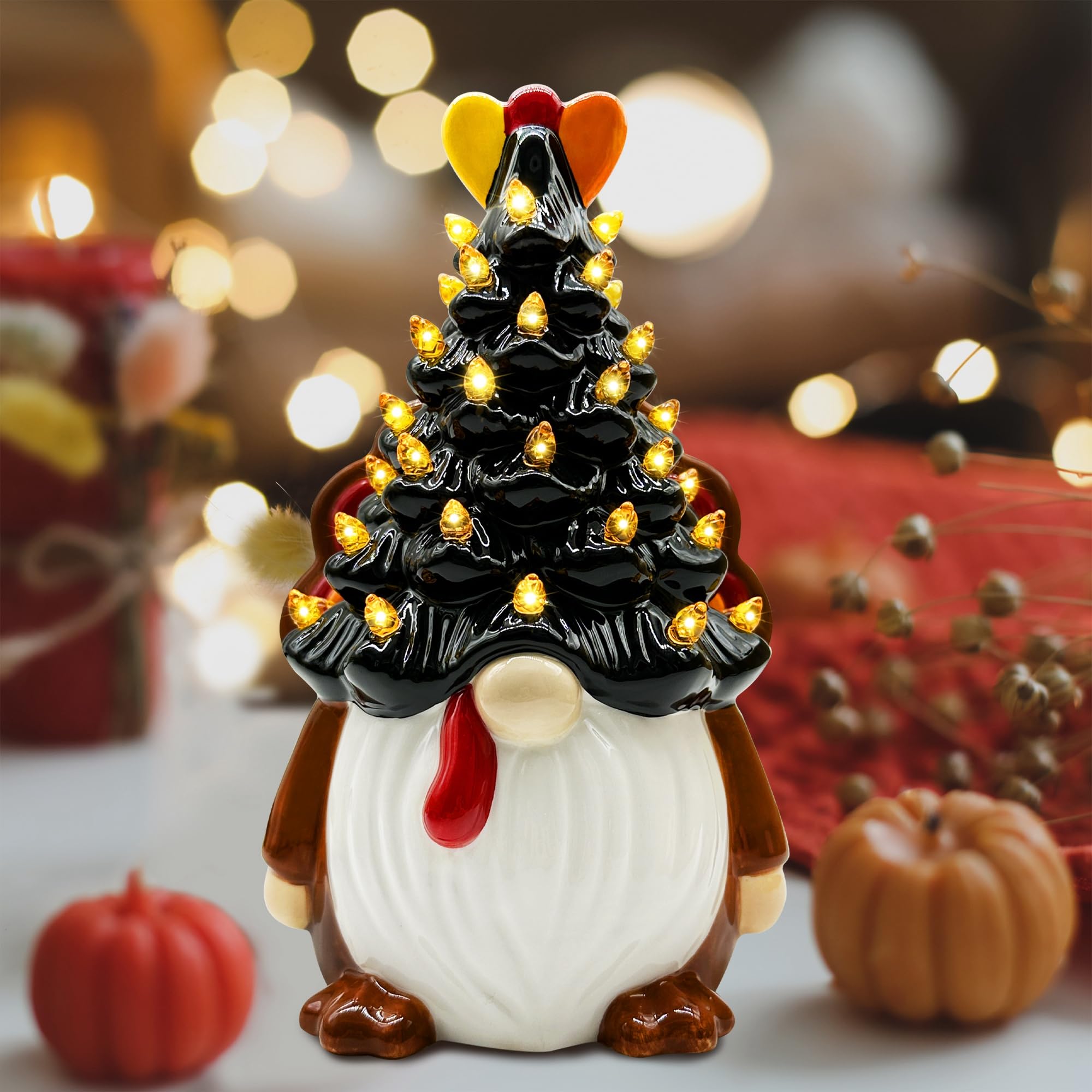 Ceramic Holiday Gnome with Pastel Lights - Thanksgiving Table Decor for Home, Fall Decorations and Gifts for Kids and Women