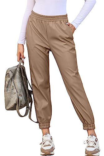 Dokotoo Leather Pants Trendy Elastic Womens Fashion pants High Waisted Cargo Pants Women 2023 Fall Winter Casual Joggers for Women Women's Pants Hiking Tactical Trousers Baggy Clothing Pants Pocket