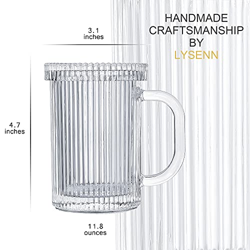 Lysenn Clear Glass Coffee Mug - Classic Vertical Stripes Tea Mug - Elegant Coffee Cup with Glass Lid for Latte, Espresso - Lovely Gift for Christmas, Anniversary and Birthday - 11 oz