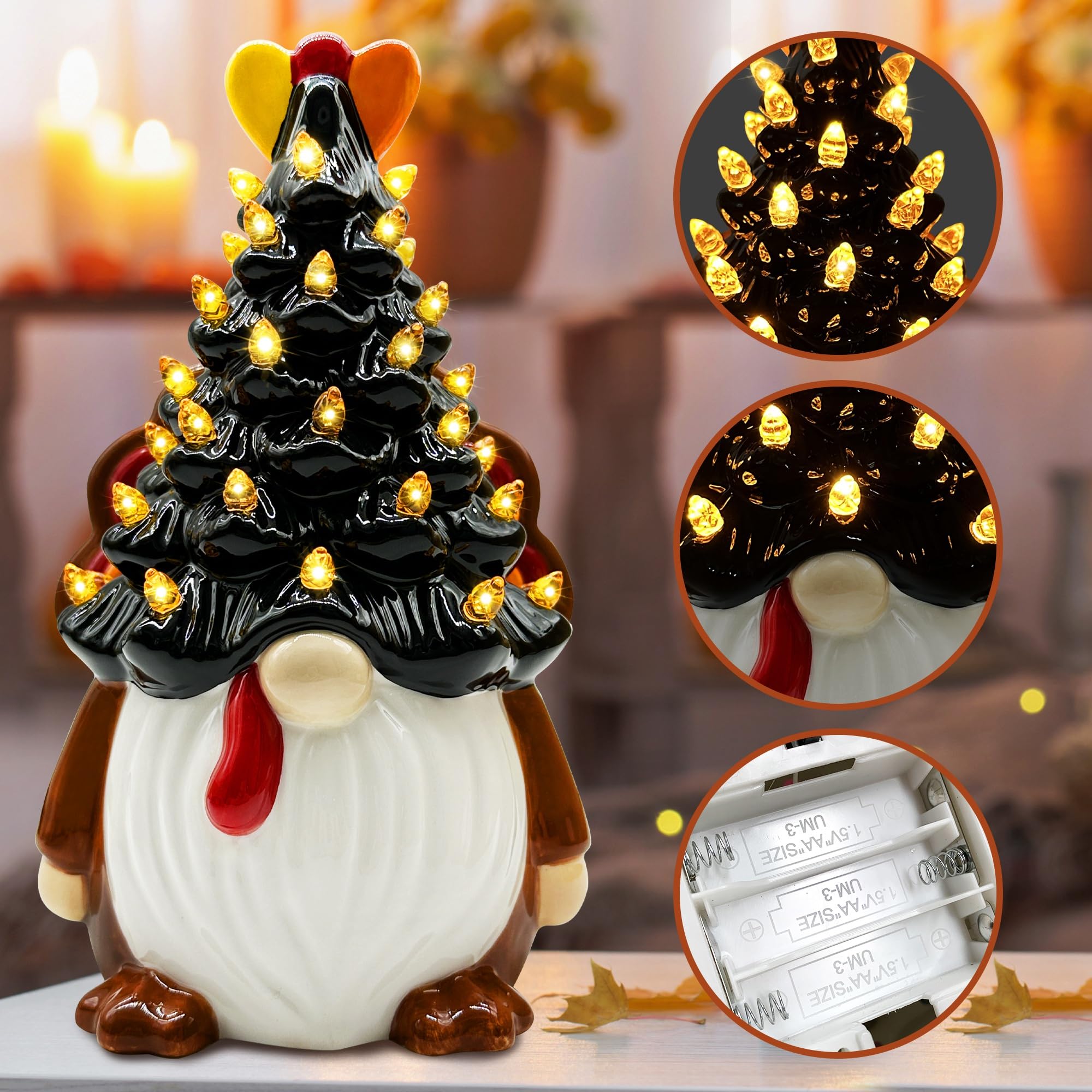 Ceramic Holiday Gnome with Pastel Lights - Thanksgiving Table Decor for Home, Fall Decorations and Gifts for Kids and Women