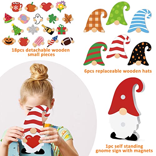 Huray Rayho Interchangeable Wooden Gnome Decor Holiday Seasonal Tiered Tray Decorative with 25 PCS Magnet Swappable Pieces Detachable Hat Office Home Sign Fall Thanksgiving Christmas Housewarming Gift