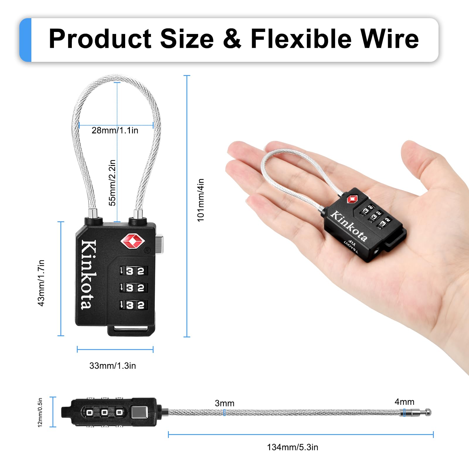 Kinkota Luggage Locks TSA Approved, 3 Digit Cable Combination Lock, Plastic TSA Lock for School, Gym, Suitcase, Baggage (2 Pack)