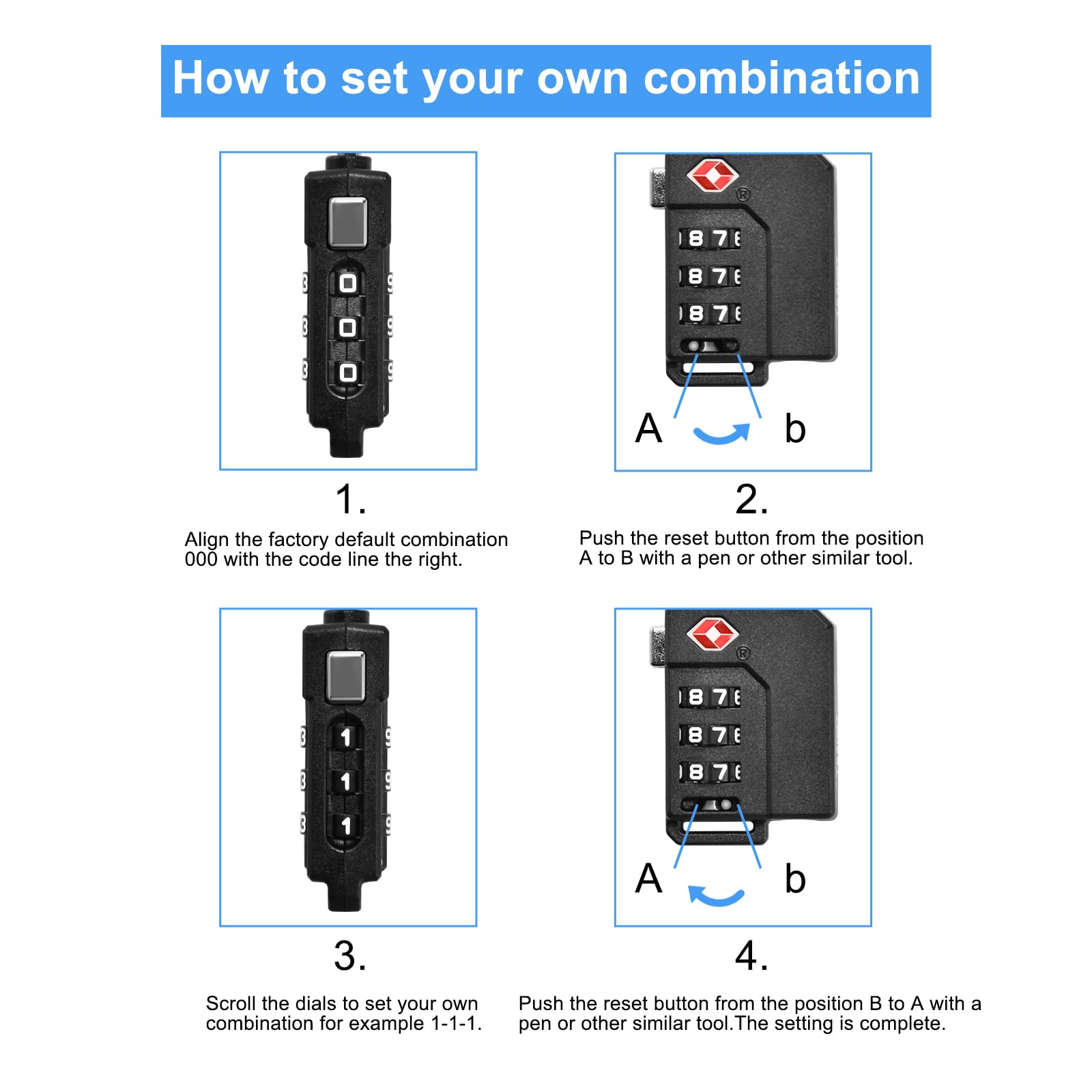 Kinkota Luggage Locks TSA Approved, 3 Digit Cable Combination Lock, Plastic TSA Lock for School, Gym, Suitcase, Baggage (2 Pack)