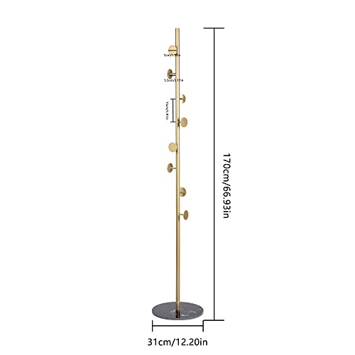FLRH Coat Rack Tree, 66" Modern Metal Hall Coat Tree With 7 Hooks for Coats, Free Standing Metal Coat Rack and Hat Hanger Organizer Rack, with Weighted Stable Marble Base (Gold)