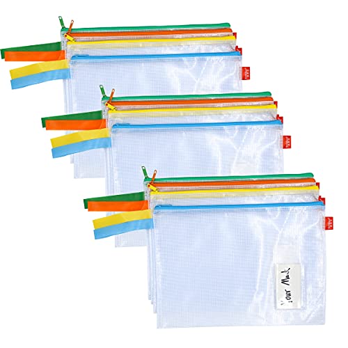 Kinhshion Zipper Pouch Set of 12 PVC Zipper Bags with Name Card Clear Zipper Pouch A4 Plastic Organizer Bag Zipper Folder Bag Cosmetic Bags Travel Storage Bags 4 Colours