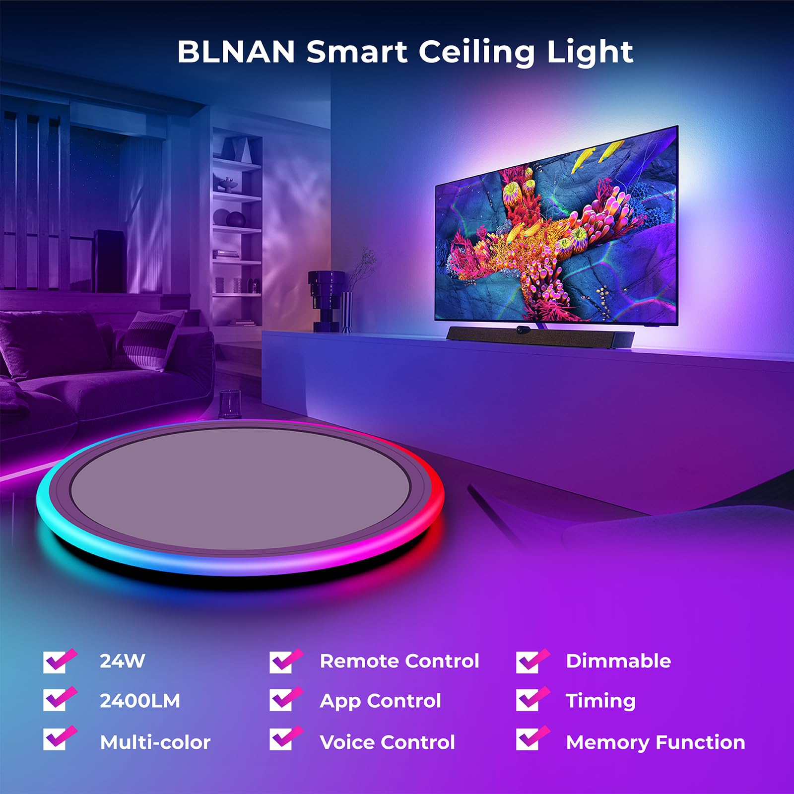 BLNAN Smart RGB LED Flush Mount Ceiling Light, 13 Inch 24W Dimmable Color Changing Wired Lamp Fixture with Remote Control, Works with Alexa Google Home Tuya App for Bedroom Living Kids Room Party