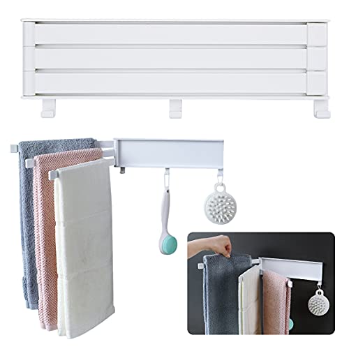 Beautytang Swing Towel Holder Rack,Wall Mounted Towel Bar Swivel Arm Hand with Hooks 3-Arm,Space Saving White Magnetic Towel Bar,Self Adhesive Punch-Free Towel Rack for Bathroom Kitchen