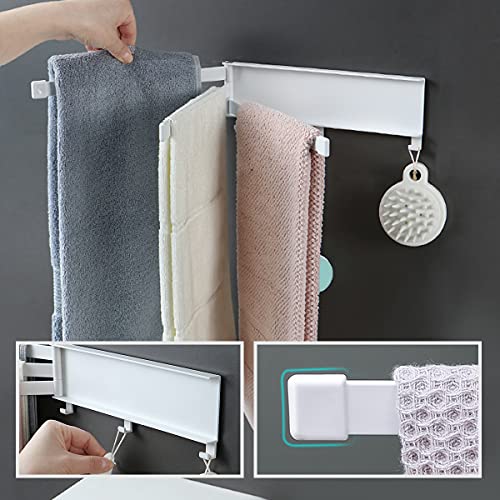 Beautytang Swing Towel Holder Rack,Wall Mounted Towel Bar Swivel Arm Hand with Hooks 3-Arm,Space Saving White Magnetic Towel Bar,Self Adhesive Punch-Free Towel Rack for Bathroom Kitchen