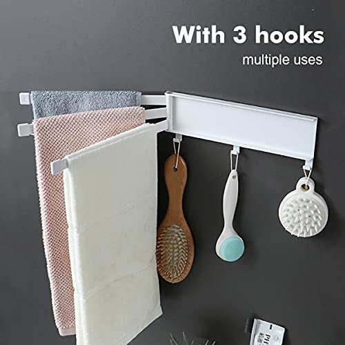 Beautytang Swing Towel Holder Rack,Wall Mounted Towel Bar Swivel Arm Hand with Hooks 3-Arm,Space Saving White Magnetic Towel Bar,Self Adhesive Punch-Free Towel Rack for Bathroom Kitchen