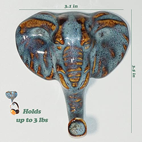 CAAHANJIA Ceramic Elephant Hooks,Adhesive Hooks,Wall Cabinet Door Towel Robe Clothes Hooks Self Adhesive Holders for Hanging Kitchen Bathroom Home Hooks 3 Pack (Active Glaze)