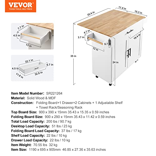 VEVOR Kitchen Island Cart with Solid Wood Top, 35.4" Width Mobile Carts with Storage Cabinet, Rolling Kitchen Table with Spice Rack, Towel Rack, Drop Leaf and Drawer, Portable Islands on Wheels, White