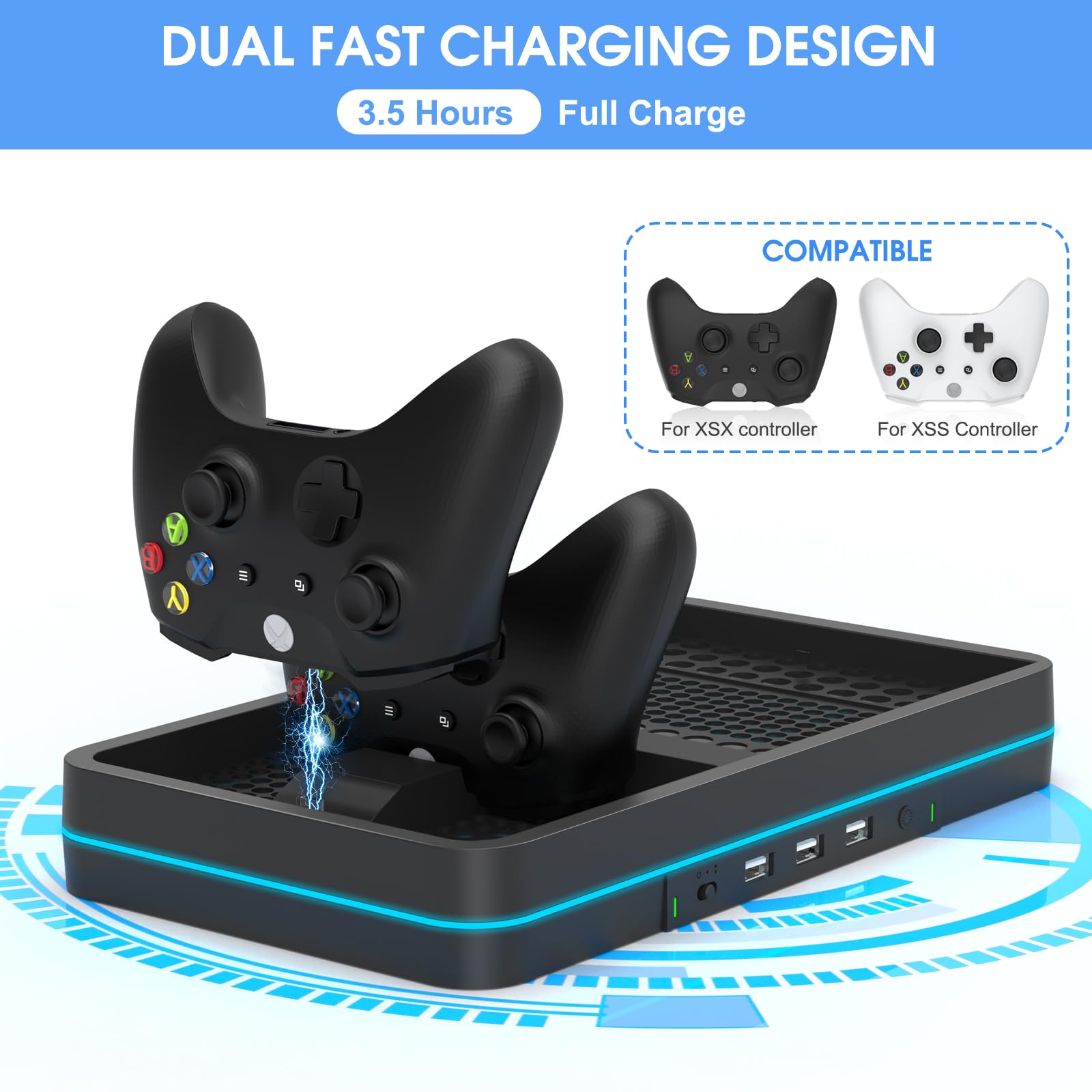 KEPLUG Dual Cooling Fan and Cooling Stand for Xbox Series X/S Console/Controller,Xbox Dual Controller Charger Station with RGB LED Light & 3 USB Ports,Xbox Series x Accessories with 2 Headphone Hooks