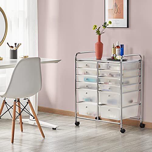 Utility Cart with 12 Drawers Rolling Multipurpose Movable Organizer Cart Storage Bin Trolley Tools Scrapbook Paper Organizer on Wheels(White)