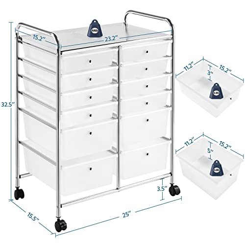 Utility Cart with 12 Drawers Rolling Multipurpose Movable Organizer Cart Storage Bin Trolley Tools Scrapbook Paper Organizer on Wheels(White)