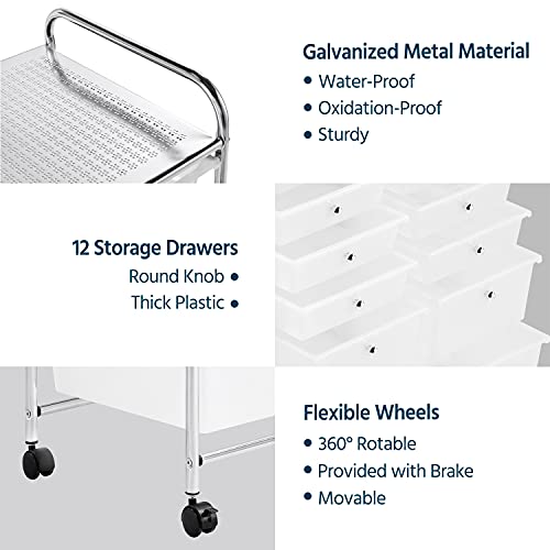 Utility Cart with 12 Drawers Rolling Multipurpose Movable Organizer Cart Storage Bin Trolley Tools Scrapbook Paper Organizer on Wheels(White)