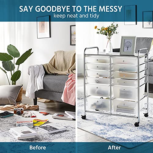 Utility Cart with 12 Drawers Rolling Multipurpose Movable Organizer Cart Storage Bin Trolley Tools Scrapbook Paper Organizer on Wheels(White)