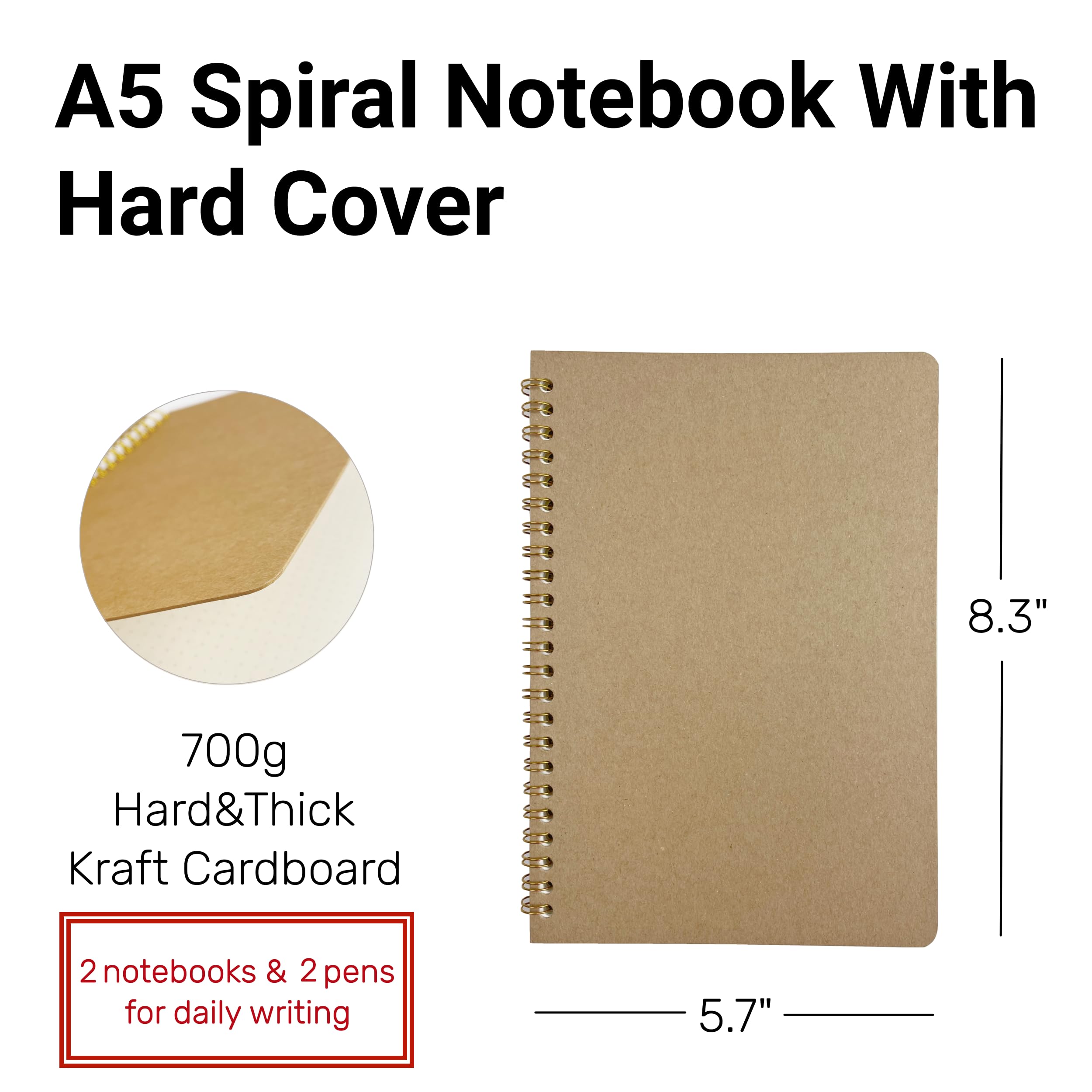 AOU A5 Spiral Graph Notebook, 2-Pack Grid Journals with Total 200 Pages of Squared Paper, 100gsm Thick Paper, 8.3"x5.7", Hard Cover Notepad for Engineering, Notes Taking & Writing in School and Office
