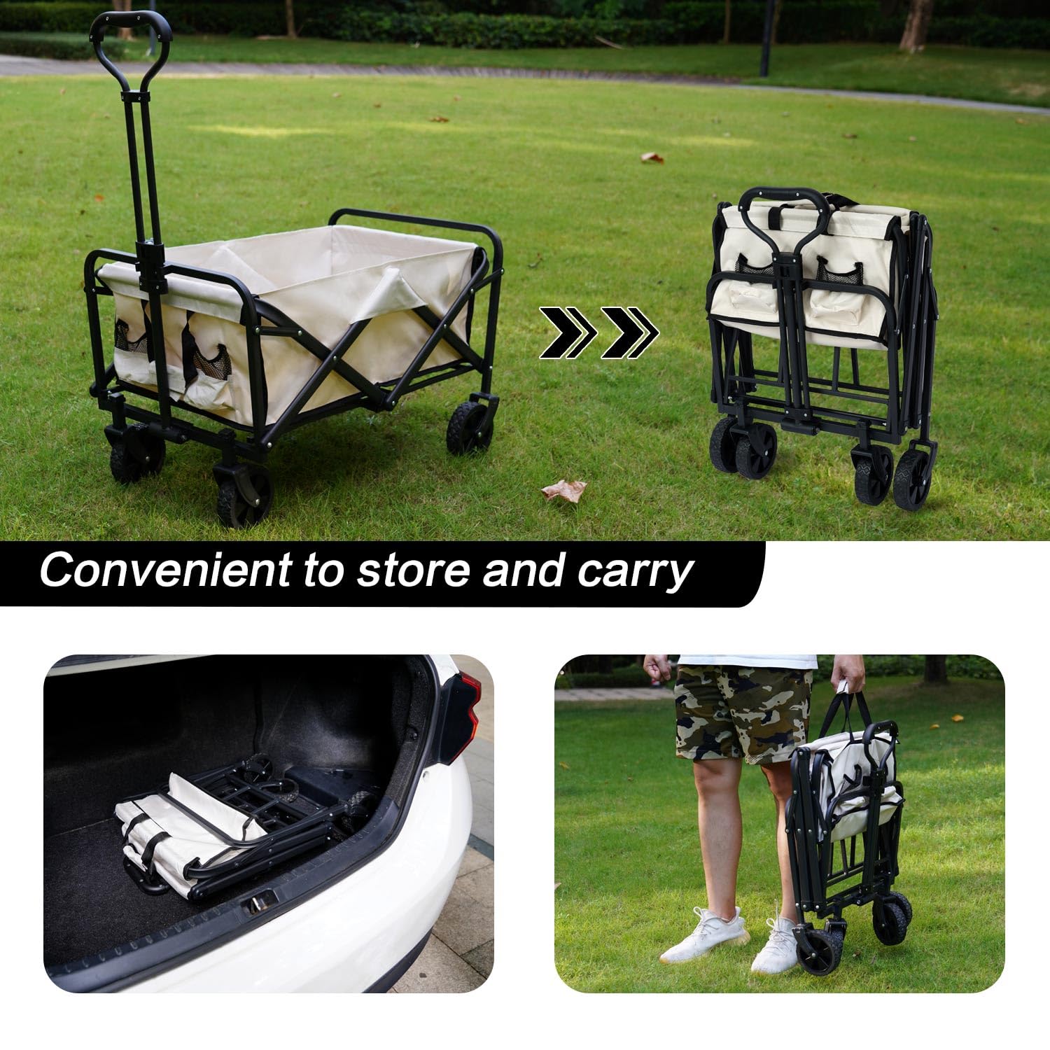 Collapsible Folding Wagon, Outdoor Beach Wagon, Collapsible Wagon Heavy Duty with Two Drink Holders, Wagon Cart with Wheels Foldable for Camping Shopping Sports