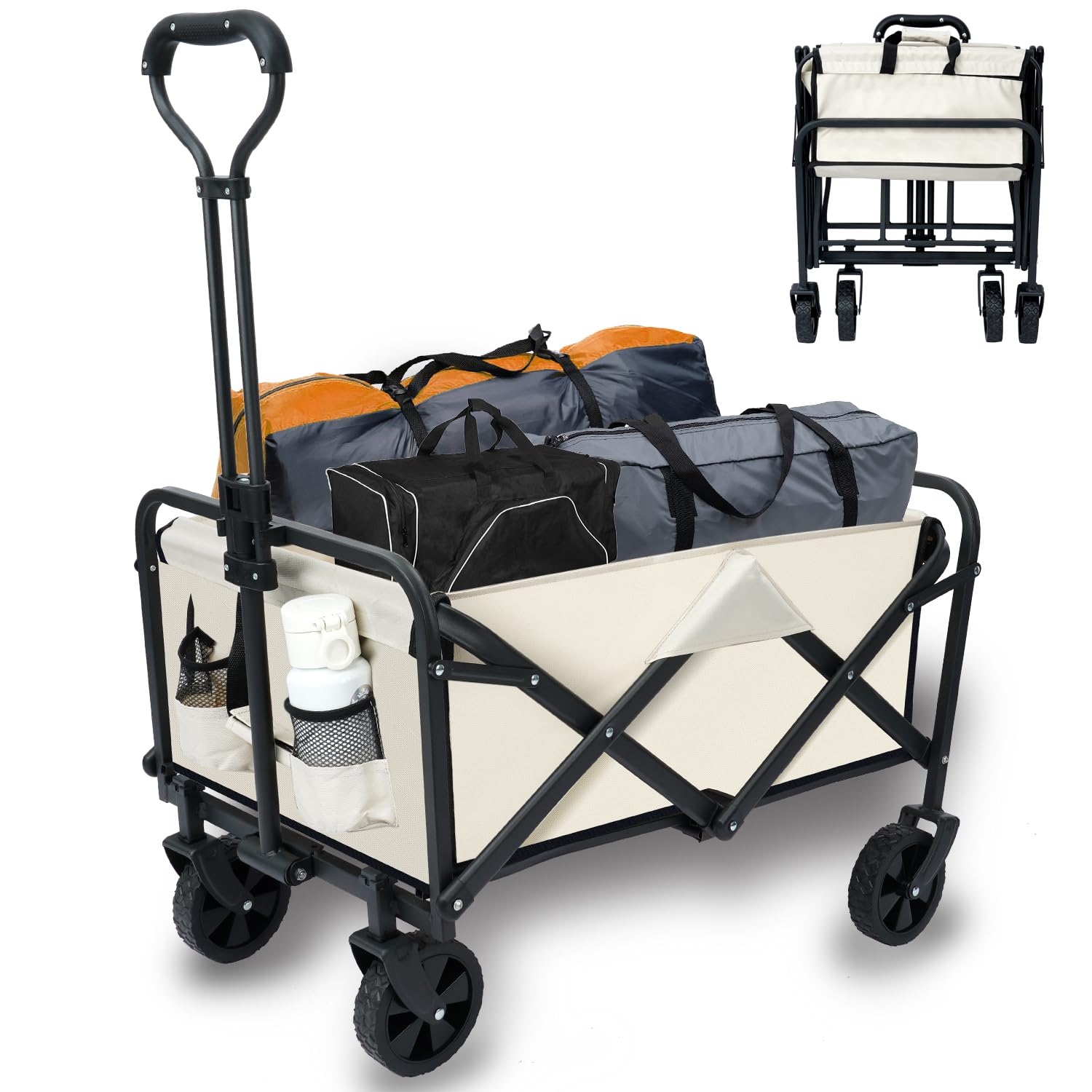 Collapsible Folding Wagon, Outdoor Beach Wagon, Collapsible Wagon Heavy Duty with Two Drink Holders, Wagon Cart with Wheels Foldable for Camping Shopping Sports