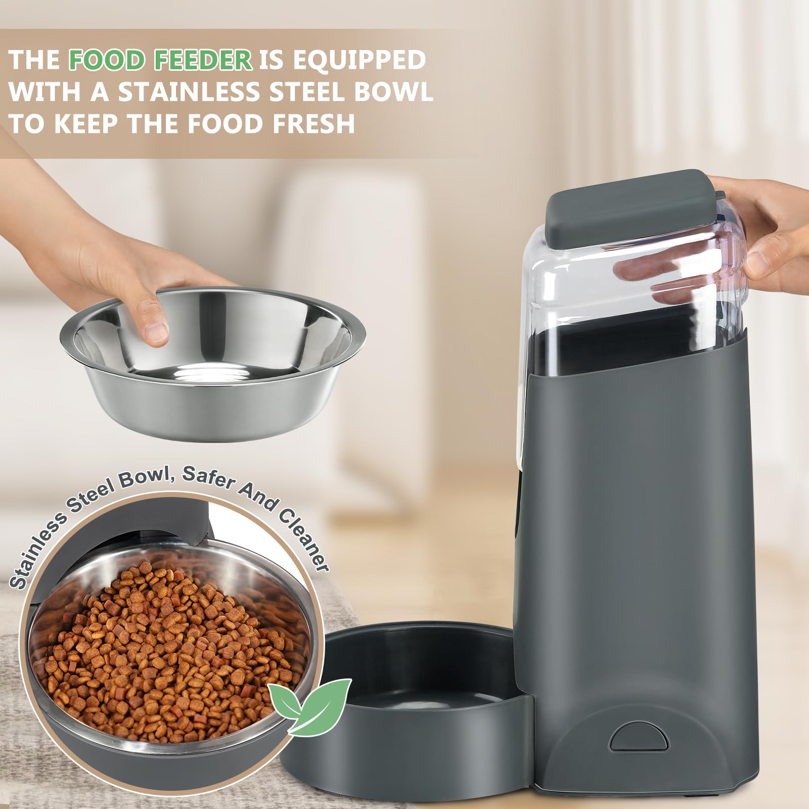 2 Pack Automatic Cat Feeder and Water Dispenser with Stainless Steel Dog Bowl Gravity Self Feeding for Small Medium Pets Puppy Kitten 1 Gallon x 2 (Black)