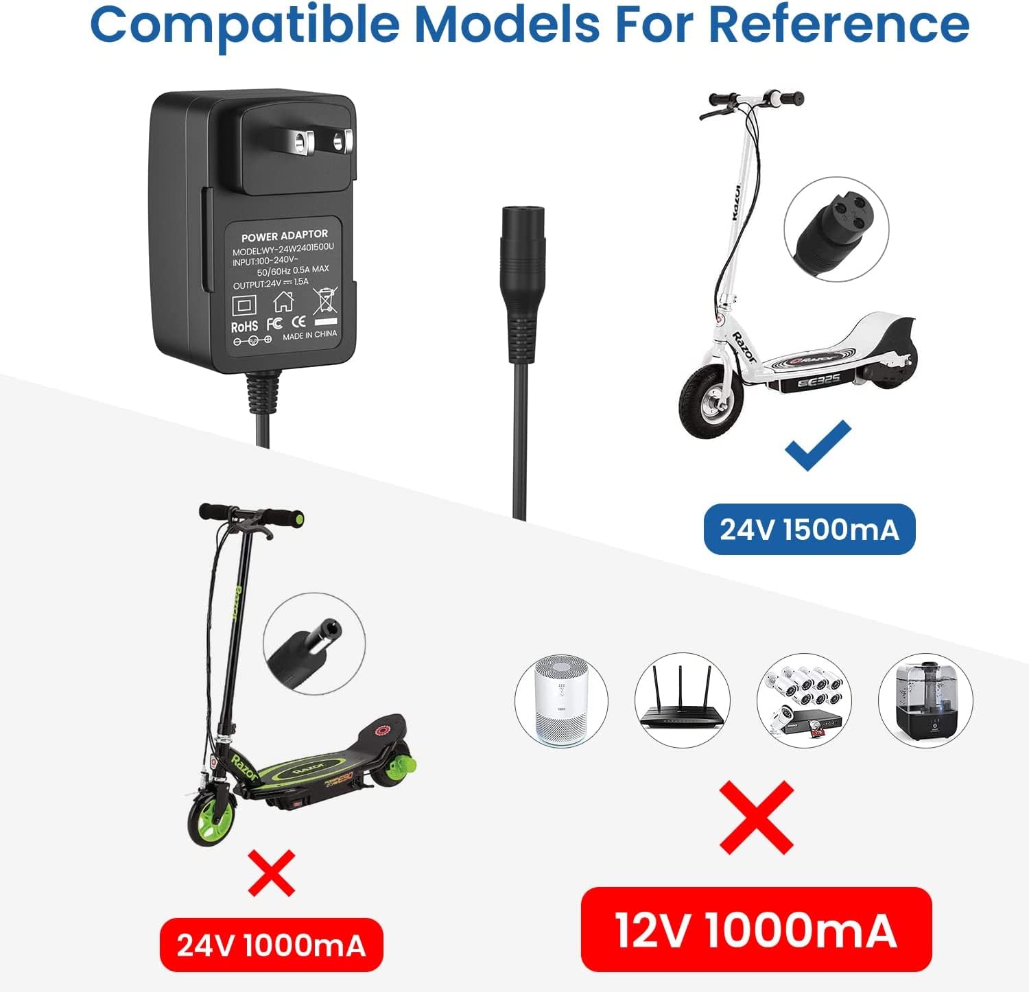 24 Volt 3-Prong for Razor Electric Scooter Charger, E100, E300, E200, E175, E300s, Rider 360, MX400, MX350, Dirt Quad, ZR350, PR200, Pocket Mod, Sports Mod, Go Kart, Replace for Part# W13112099014