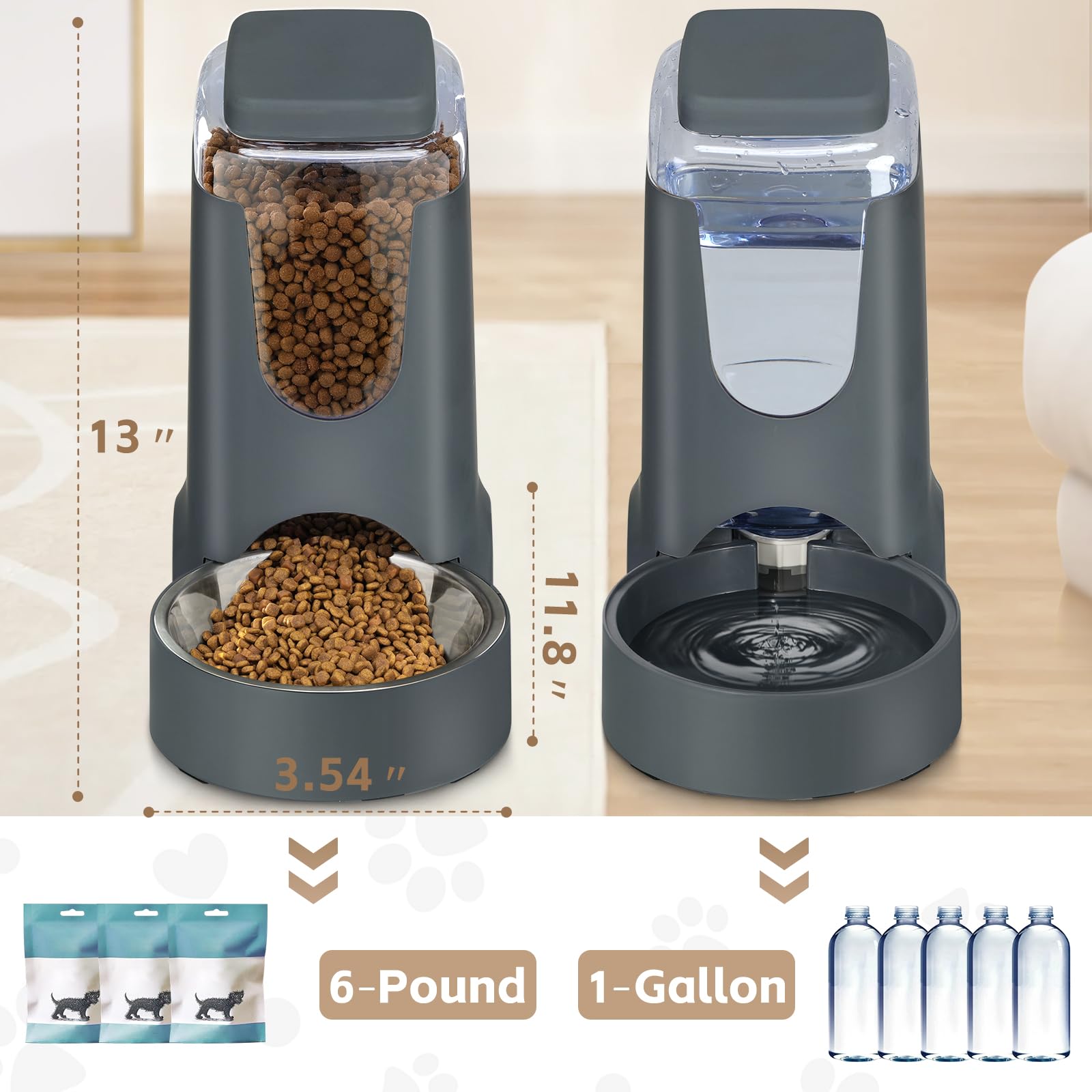 2 Pack Automatic Cat Feeder and Water Dispenser with Stainless Steel Dog Bowl Gravity Self Feeding for Small Medium Pets Puppy Kitten 1 Gallon x 2 (Black)
