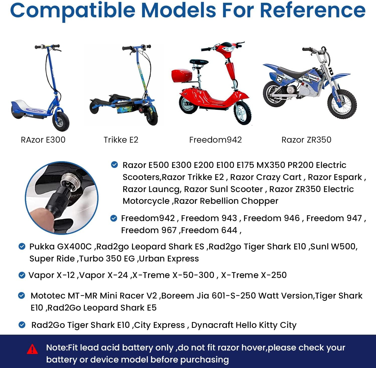 24 Volt 3-Prong for Razor Electric Scooter Charger, E100, E300, E200, E175, E300s, Rider 360, MX400, MX350, Dirt Quad, ZR350, PR200, Pocket Mod, Sports Mod, Go Kart, Replace for Part# W13112099014