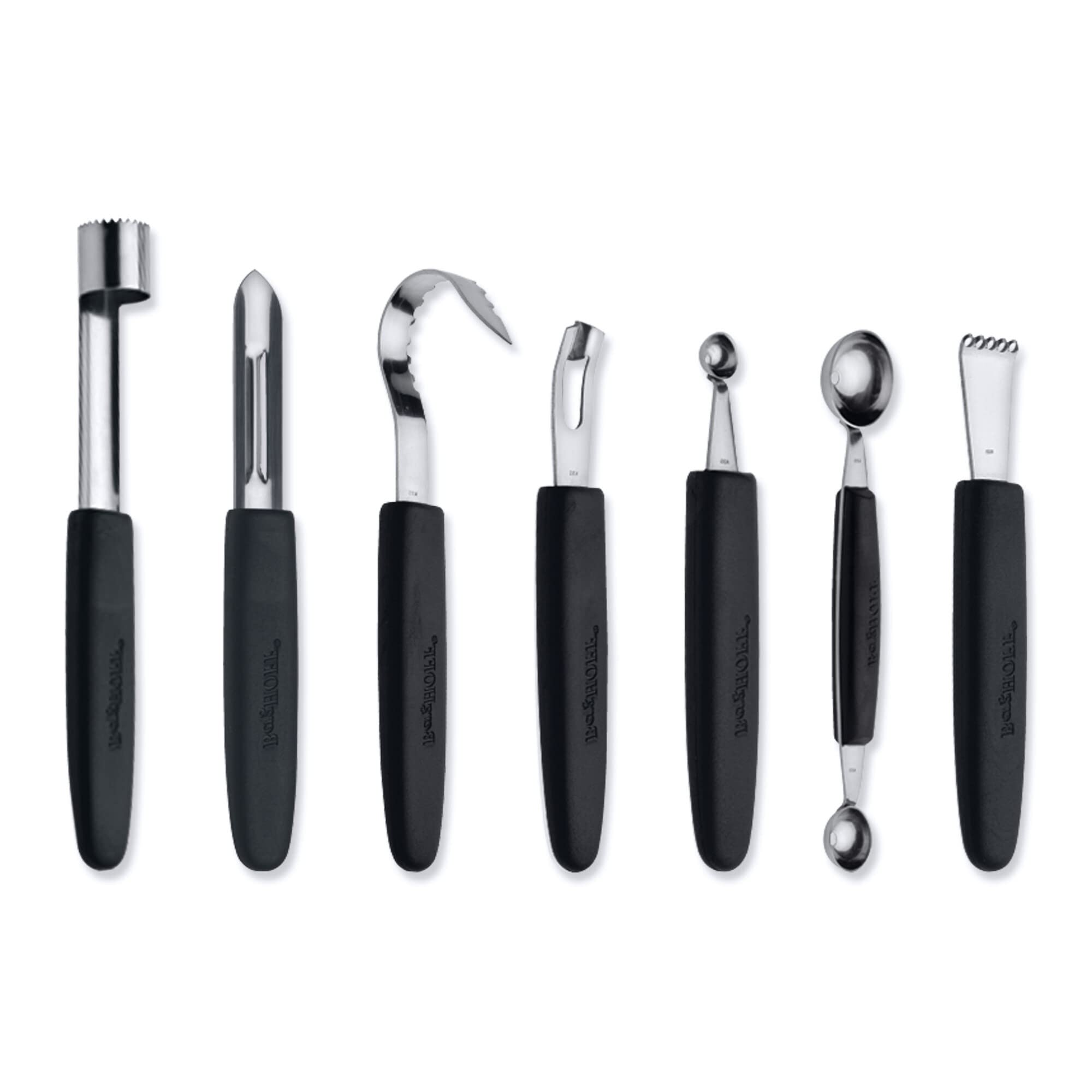 BergHOFF Essentials 8Pcs Garnishing Set in Bag, Lemon Zester, Double & Single Melon Baller, Channel Knife, Butter Curler, Peeler, Apple Corer, Great for Gift, Professional & Domestic Use