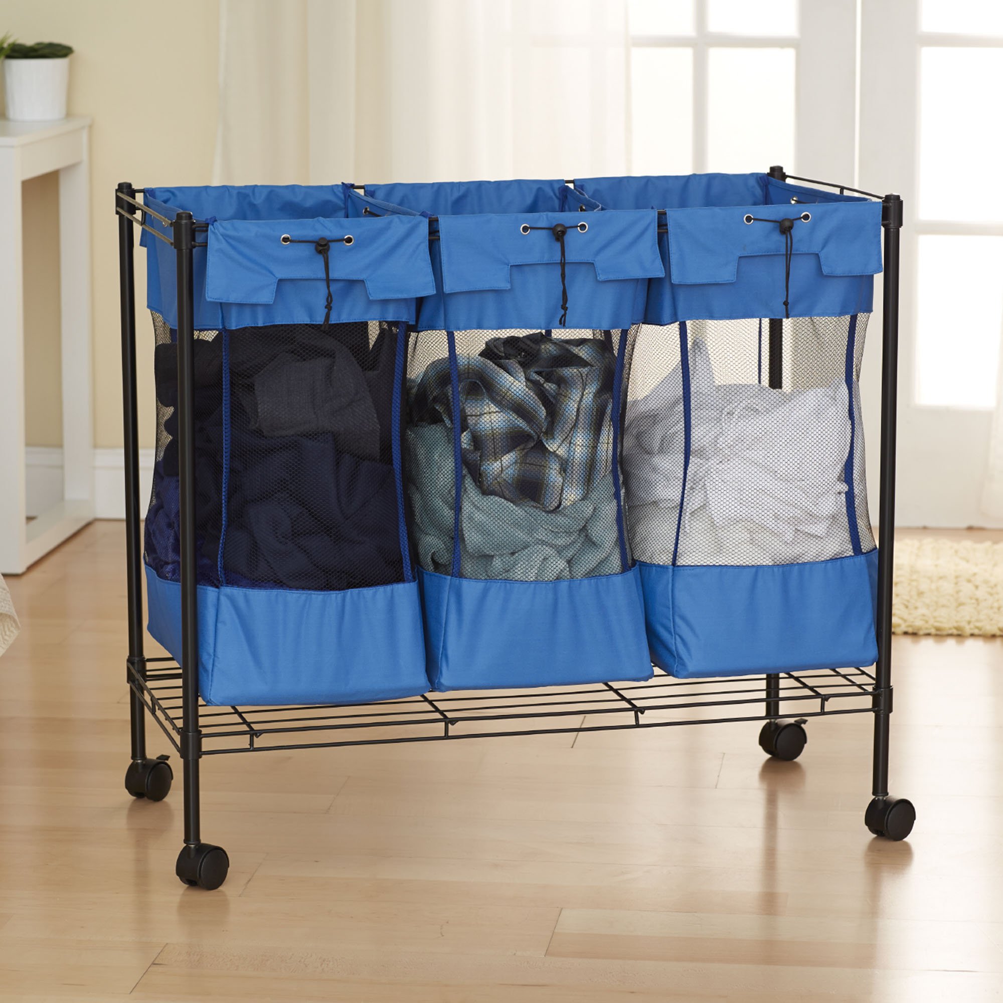Household Essentials 7119 Rolling Triple Laundry Sorter on Wheels – Storage Organizer- Black Steel Frame