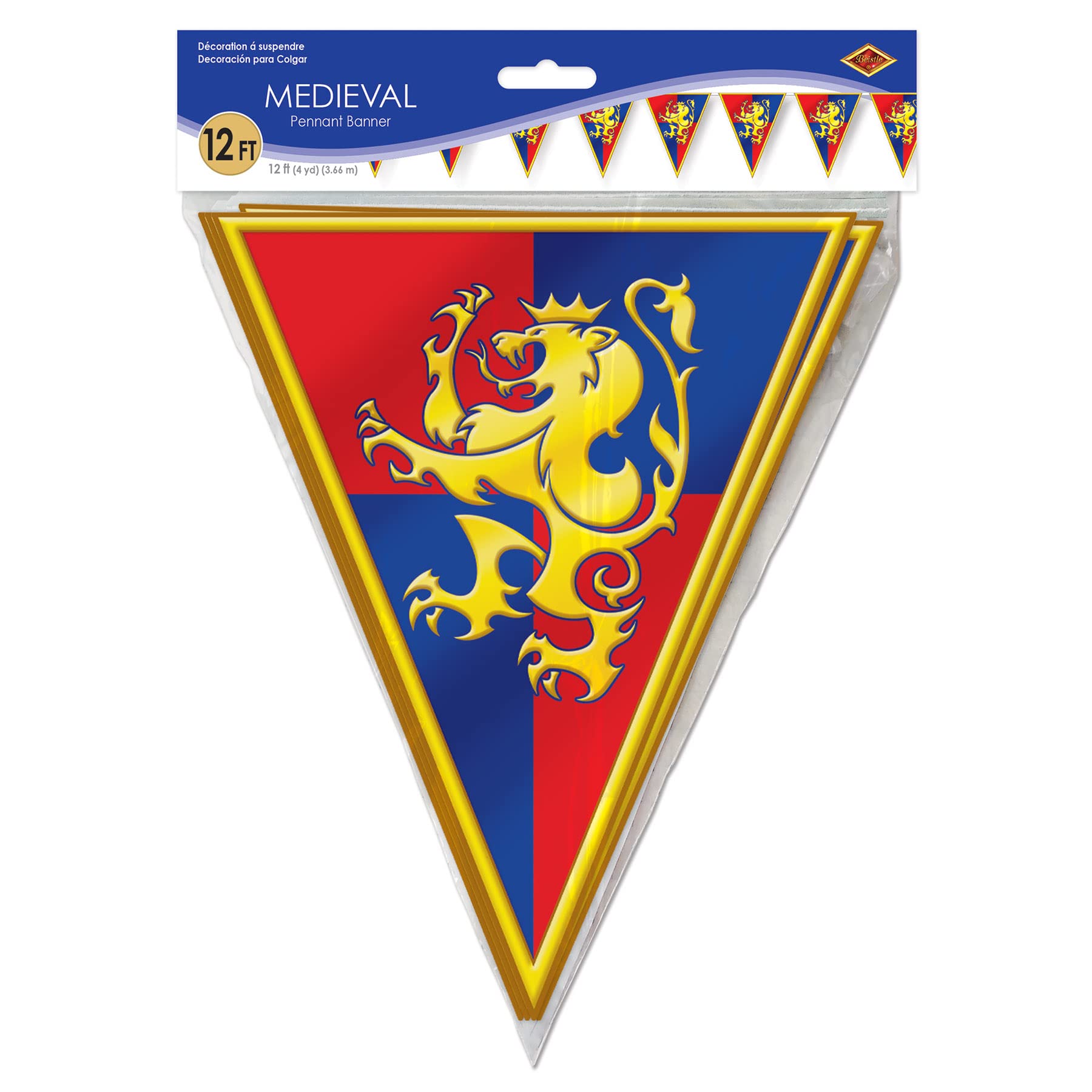 Beistle All Weather Plastic Medieval Fantasy Pennant Banner With Royal Lion Design For Castle Fairytale Theme Birthday Party Decorations
