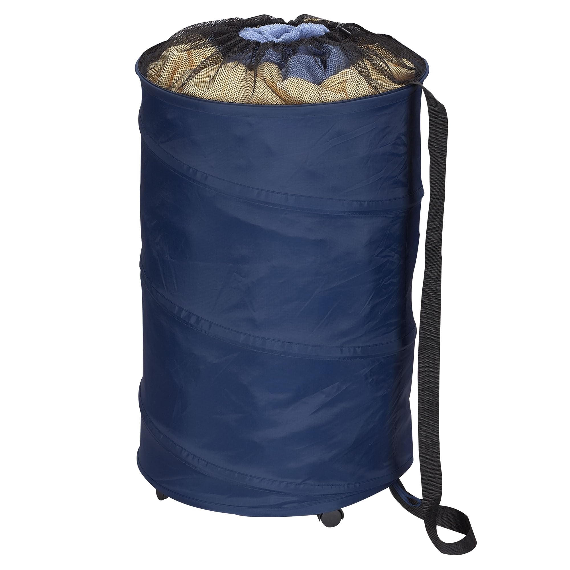 Household Essentials 2030 Pop-Up Laundry Hamper on Wheels with Drawstring Closure | Shoulder Strap to Carry Clothing | Blue