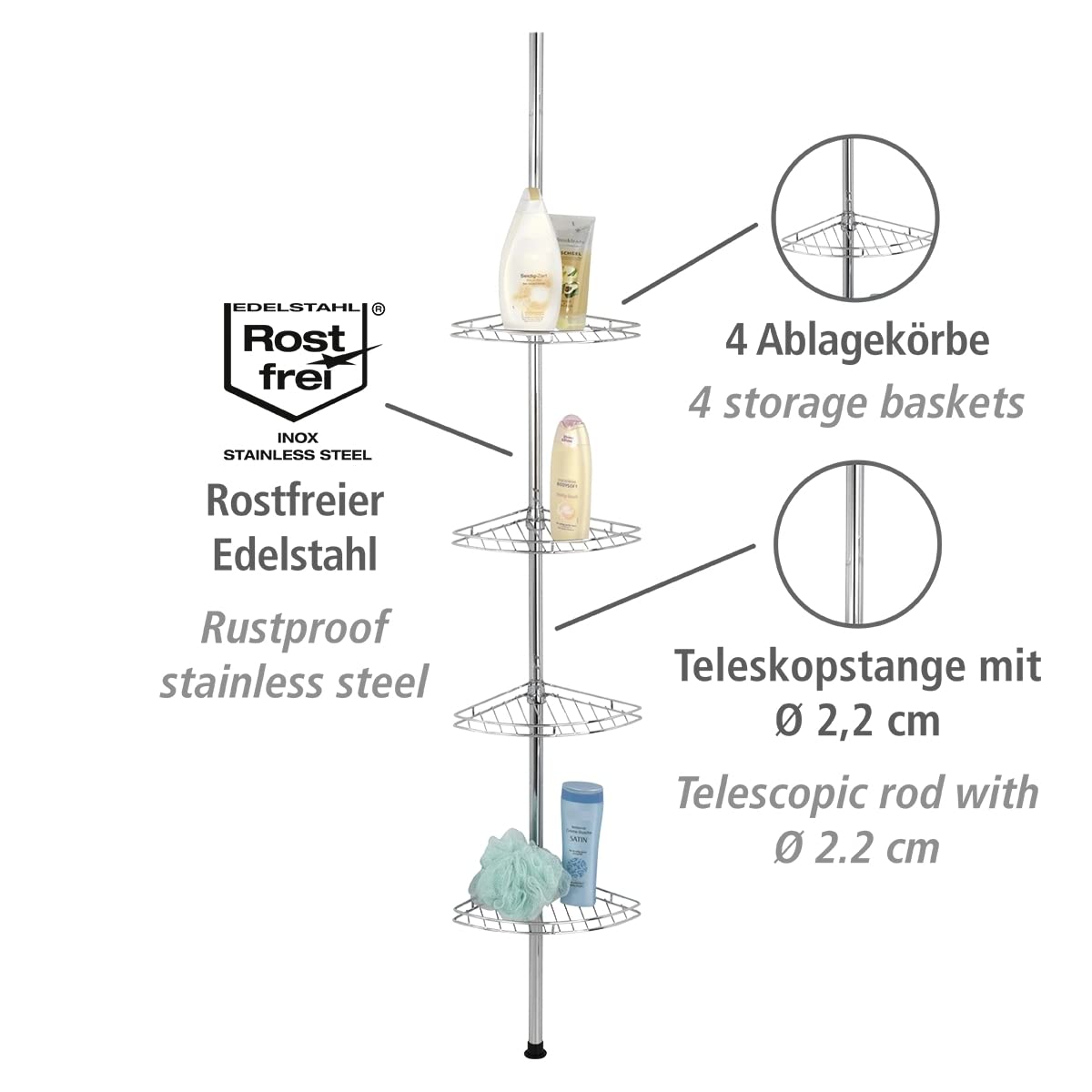 Bathroom Shelf Organizer for Shower Storage, Shower Caddy Tension Pole With 4 Storage Baskets, Stainless Steel, Silver, Dimensions 11 x 108 x 7.8 in