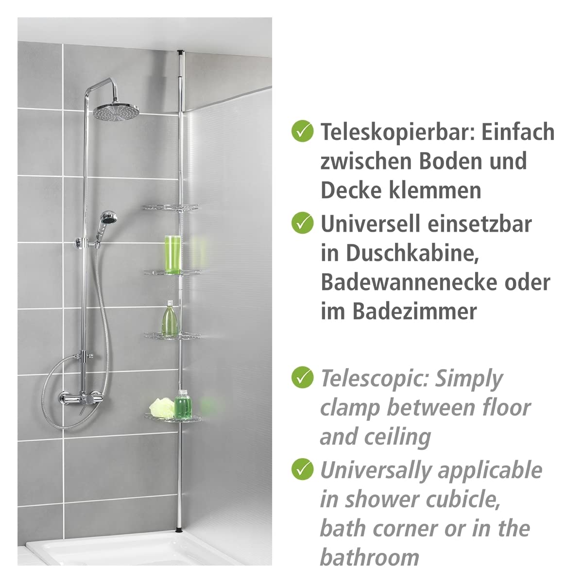Bathroom Shelf Organizer for Shower Storage, Shower Caddy Tension Pole With 4 Storage Baskets, Stainless Steel, Silver, Dimensions 11 x 108 x 7.8 in