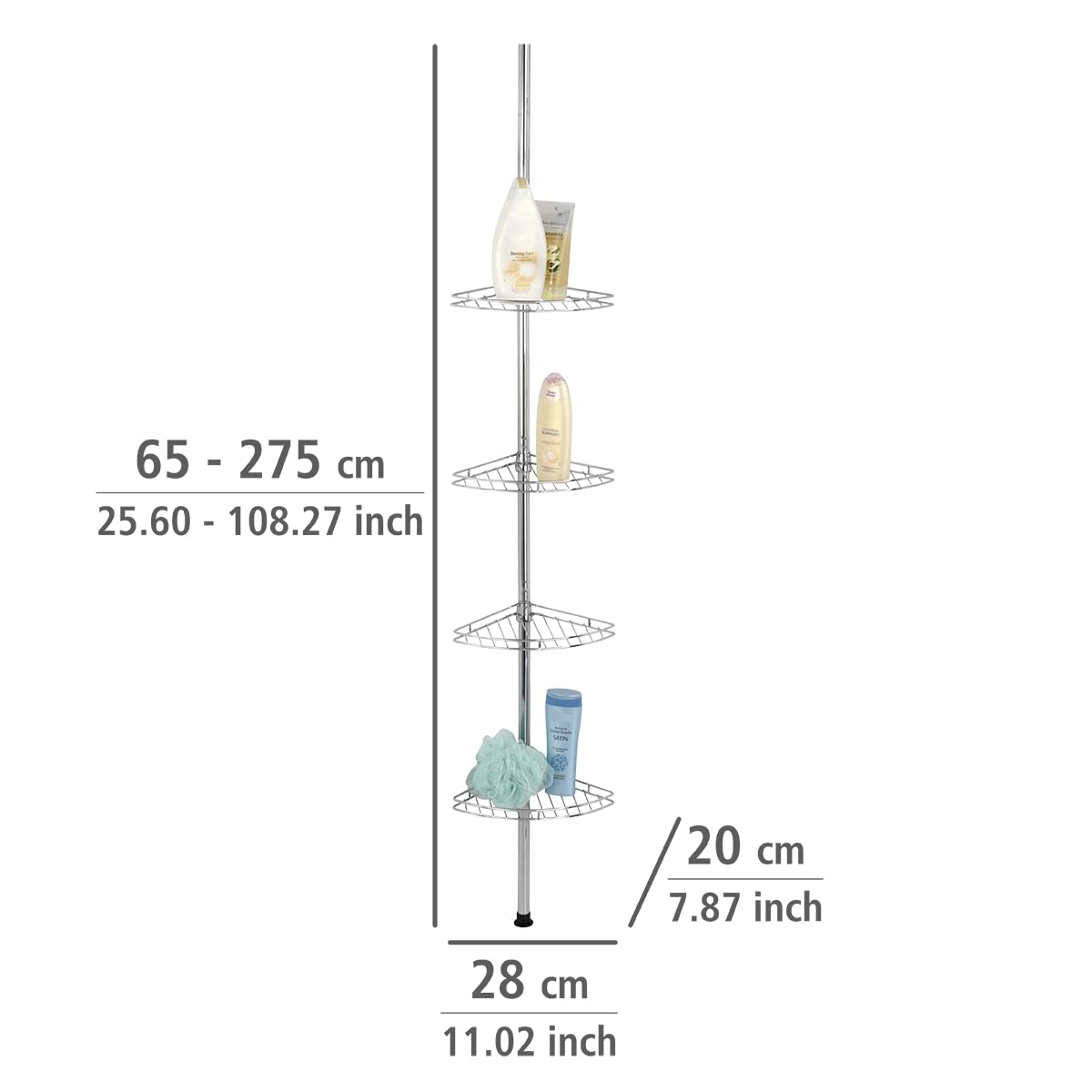Bathroom Shelf Organizer for Shower Storage, Shower Caddy Tension Pole With 4 Storage Baskets, Stainless Steel, Silver, Dimensions 11 x 108 x 7.8 in