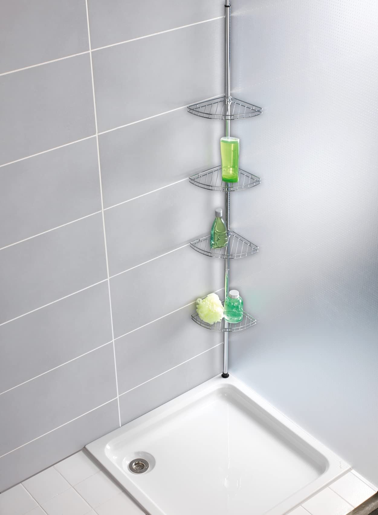Bathroom Shelf Organizer for Shower Storage, Shower Caddy Tension Pole With 4 Storage Baskets, Stainless Steel, Silver, Dimensions 11 x 108 x 7.8 in