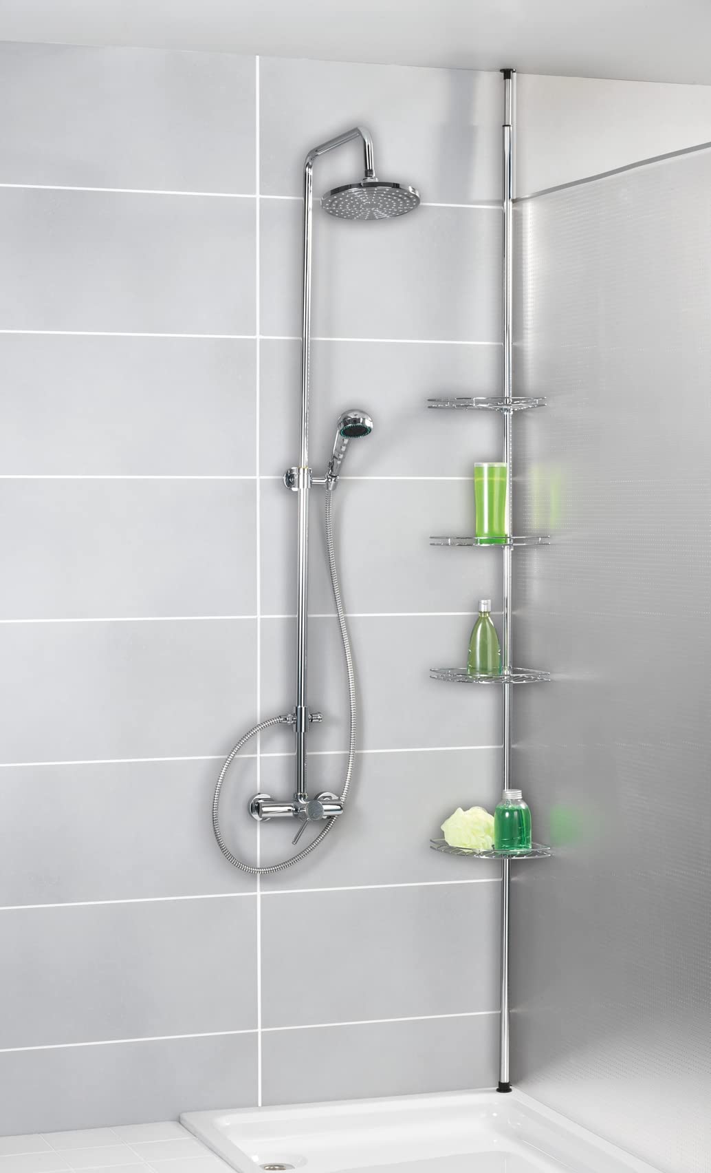 Bathroom Shelf Organizer for Shower Storage, Shower Caddy Tension Pole With 4 Storage Baskets, Stainless Steel, Silver, Dimensions 11 x 108 x 7.8 in