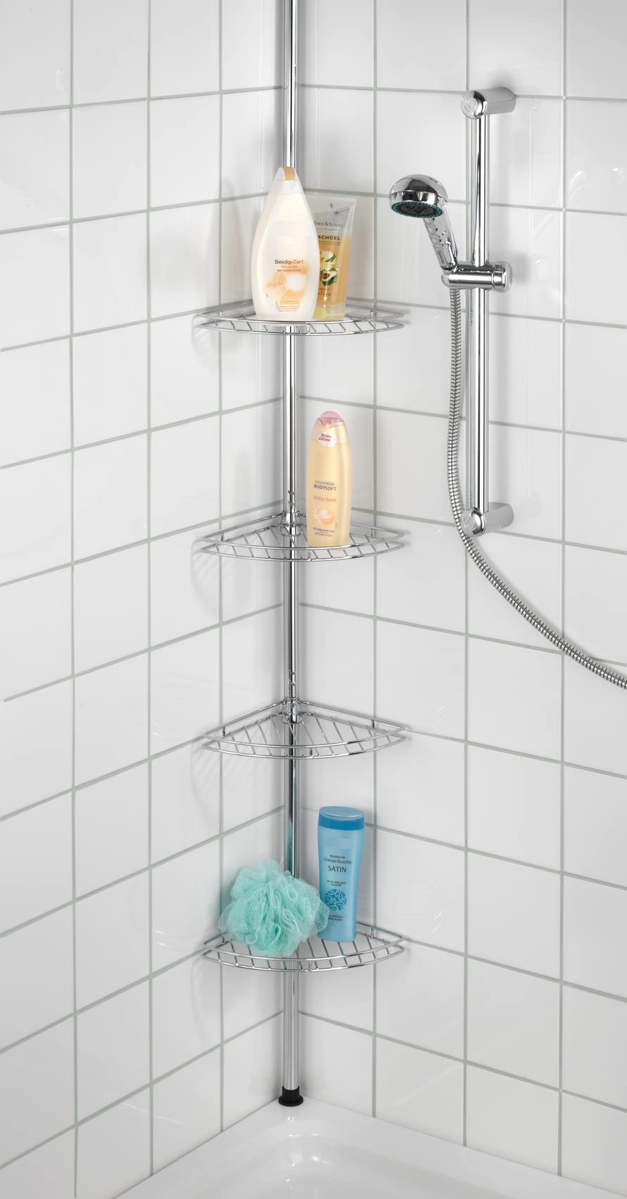 Bathroom Shelf Organizer for Shower Storage, Shower Caddy Tension Pole With 4 Storage Baskets, Stainless Steel, Silver, Dimensions 11 x 108 x 7.8 in