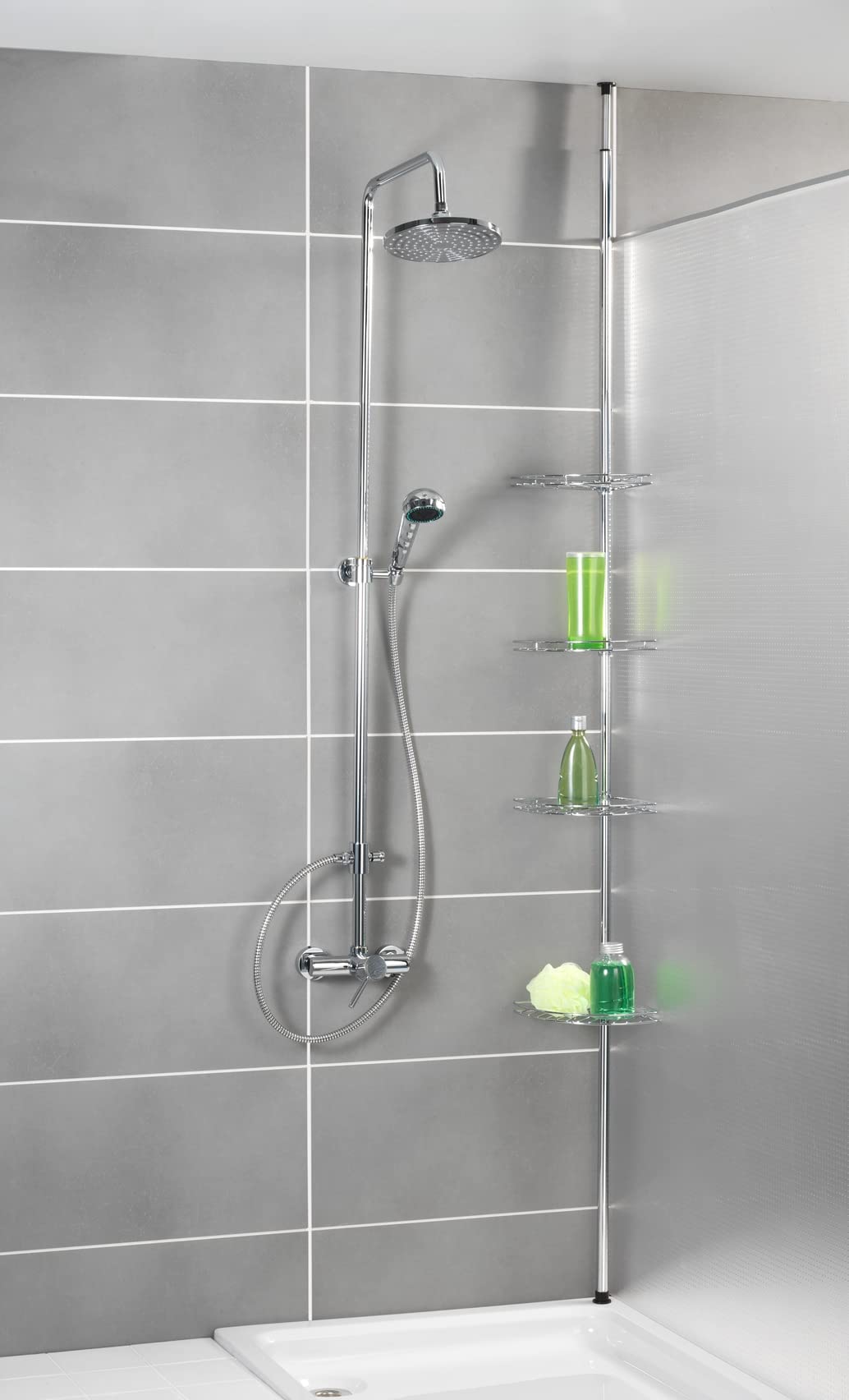 Bathroom Shelf Organizer for Shower Storage, Shower Caddy Tension Pole With 4 Storage Baskets, Stainless Steel, Silver, Dimensions 11 x 108 x 7.8 in