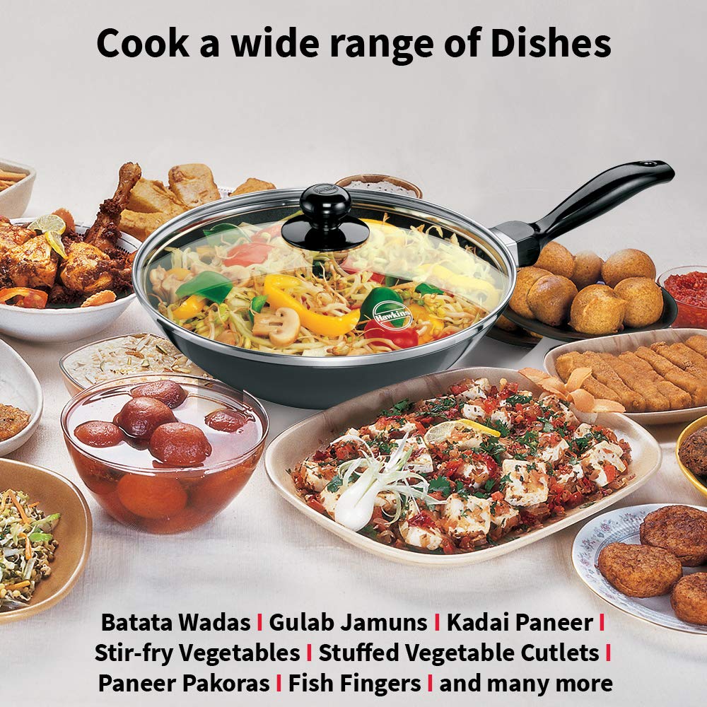 FUTURA NDL20G Non-Stick Deep-Fry Pan(Kadhai) 2.0 Litre with Glass Lid and Flat Bottom, 10.23 IN, Gray