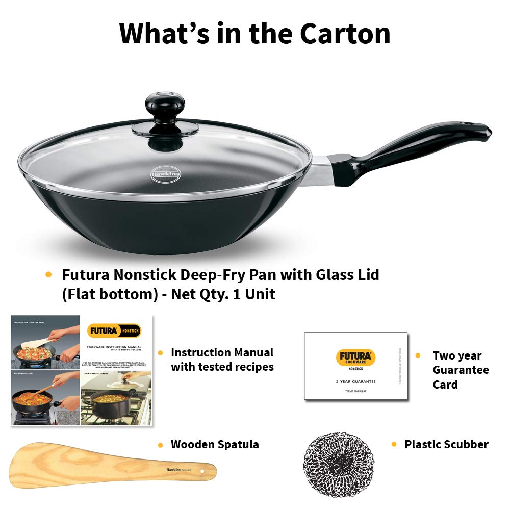 FUTURA NDL20G Non-Stick Deep-Fry Pan(Kadhai) 2.0 Litre with Glass Lid and Flat Bottom, 10.23 IN, Gray