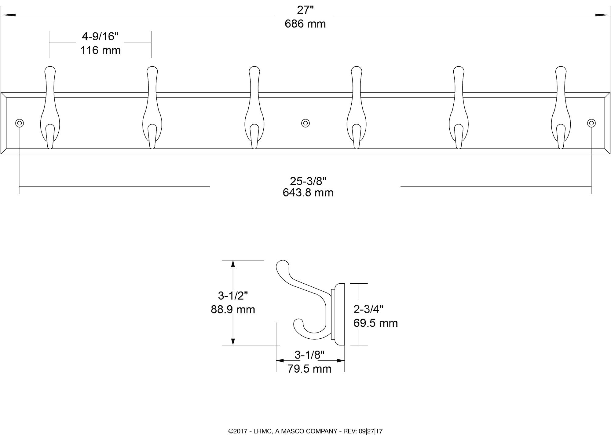Franklin Brass Heavy Duty Coat and Hat Hook Rail Wall Hooks 6 Hooks, 27 Inches, White/White, RPLR6DJ-PWW-L1