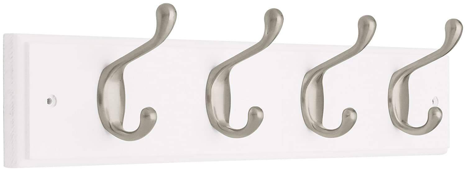18-Inch Hook Rail/Coat Rack with 4 Heavy Duty Coat and Hat Hooks, White and Satin Nickel, Packaging May Vary