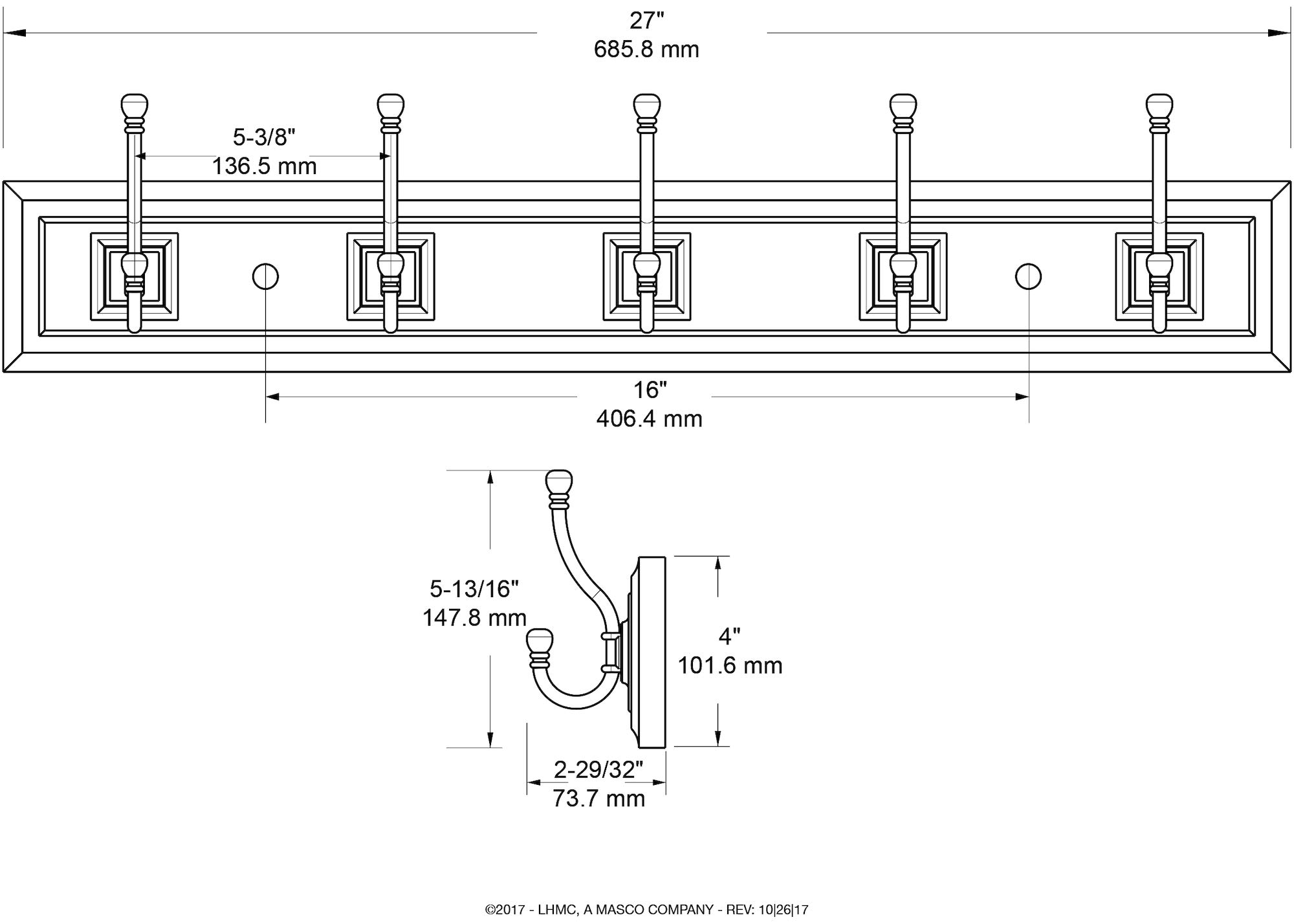 Brainerd R46121Y-WSN-L Five Arch Hook 27-inch Wide Architectural Hat and Coat Rail/Rack