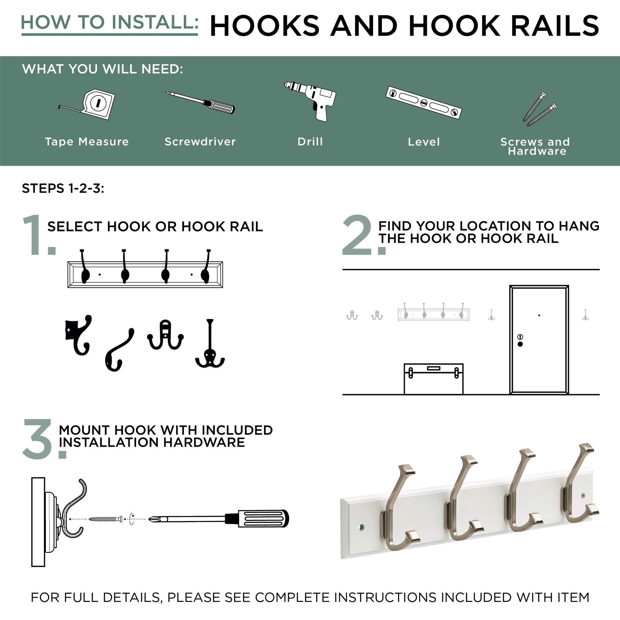 129854 Coat Rack, 10-Inch, Wall Mounted Coat Rack with 3 Decorative Hooks, Satin Nickel and White