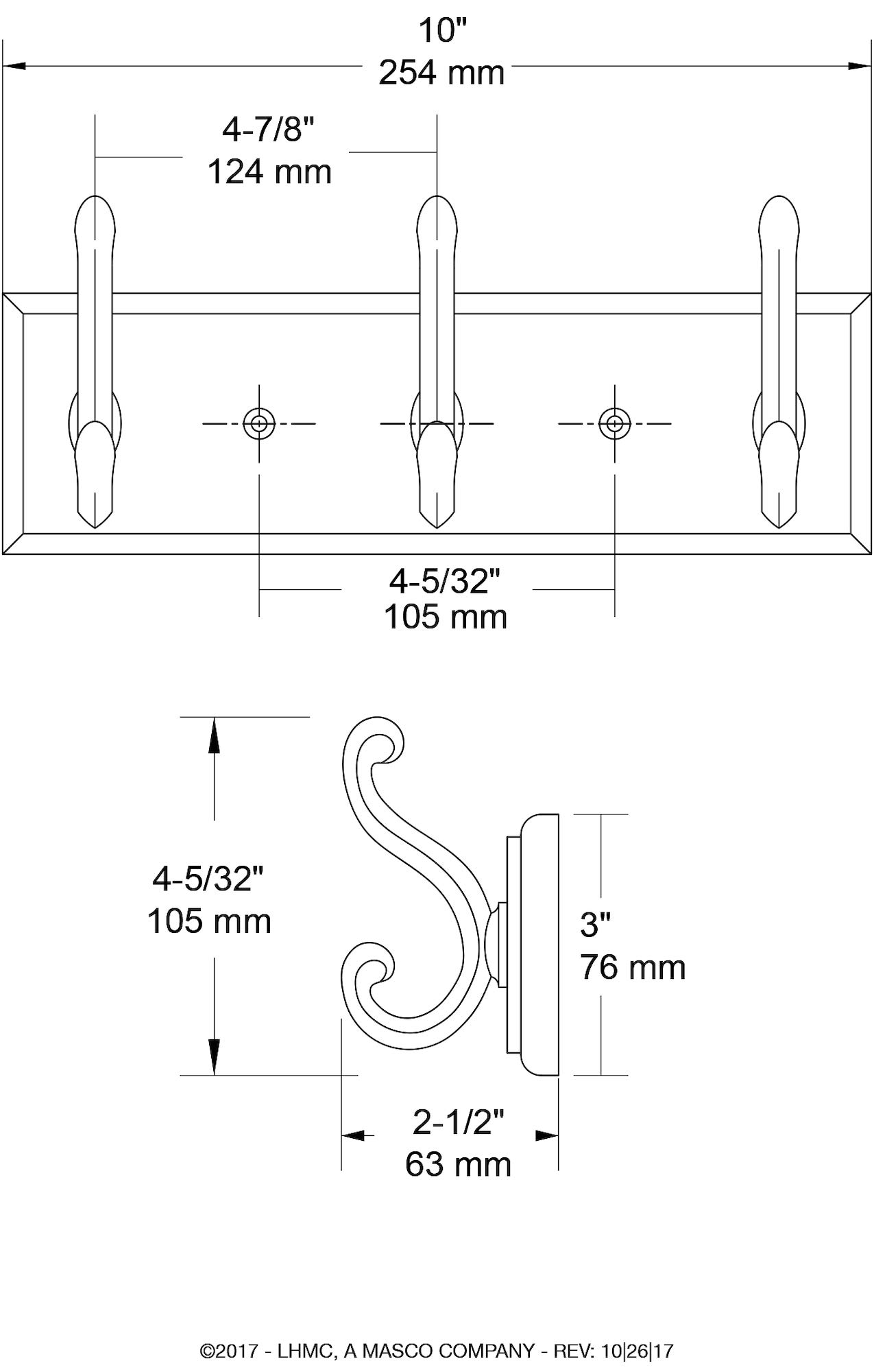 129854 Coat Rack, 10-Inch, Wall Mounted Coat Rack with 3 Decorative Hooks, Satin Nickel and White